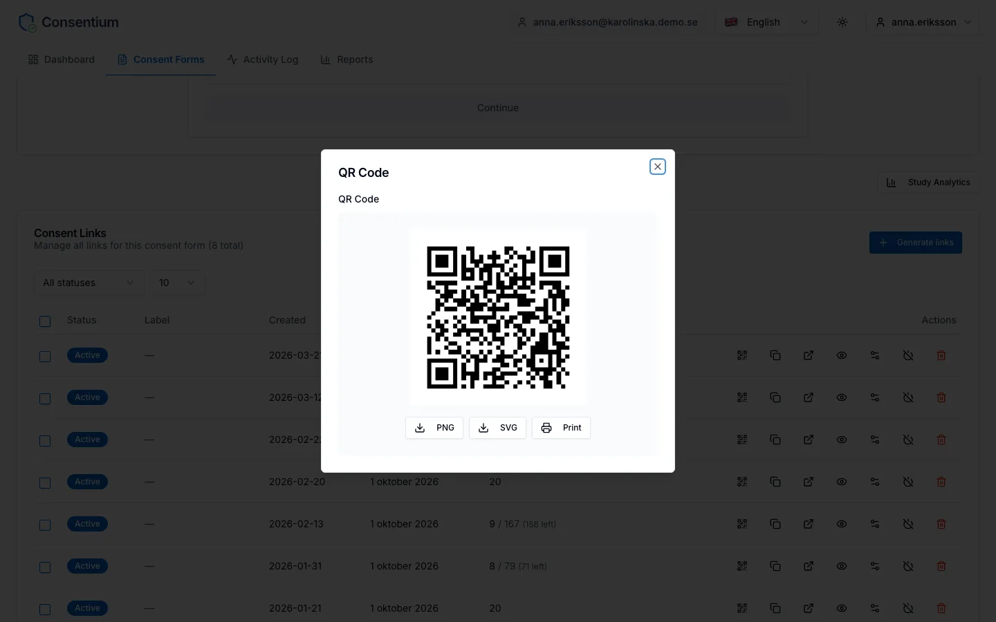 Share a consent link with QR code and direct URL